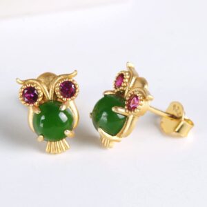 Guptue Natural green jade stud 925 sterling silver earrings for Women Owl real hetian jade critters 925 sterling silver earrings 18K gold plated Birthday Jewelry