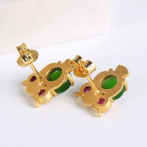 Guptue Natural green jade stud 925 sterling silver earrings for Women Owl real hetian jade critters 925 sterling silver earrings 18K gold plated Birthday Jewelry