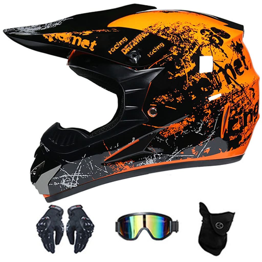 Motocross Mountain Helmet Dirt Bike ATV Motorcycle Full Face Helmet for MTB, Racing, Downhill, MX, DOT Certified Lightweight Adult Youth Motorbike Helmet Set with Gloves Goggles Mask-G-Small