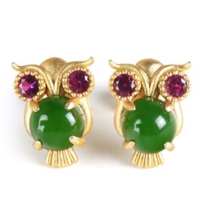 guptue natural green jade stud 925 sterling silver earrings for women owl real hetian jade critters 925 sterling silver earrings 18k gold plated birthday jewelry