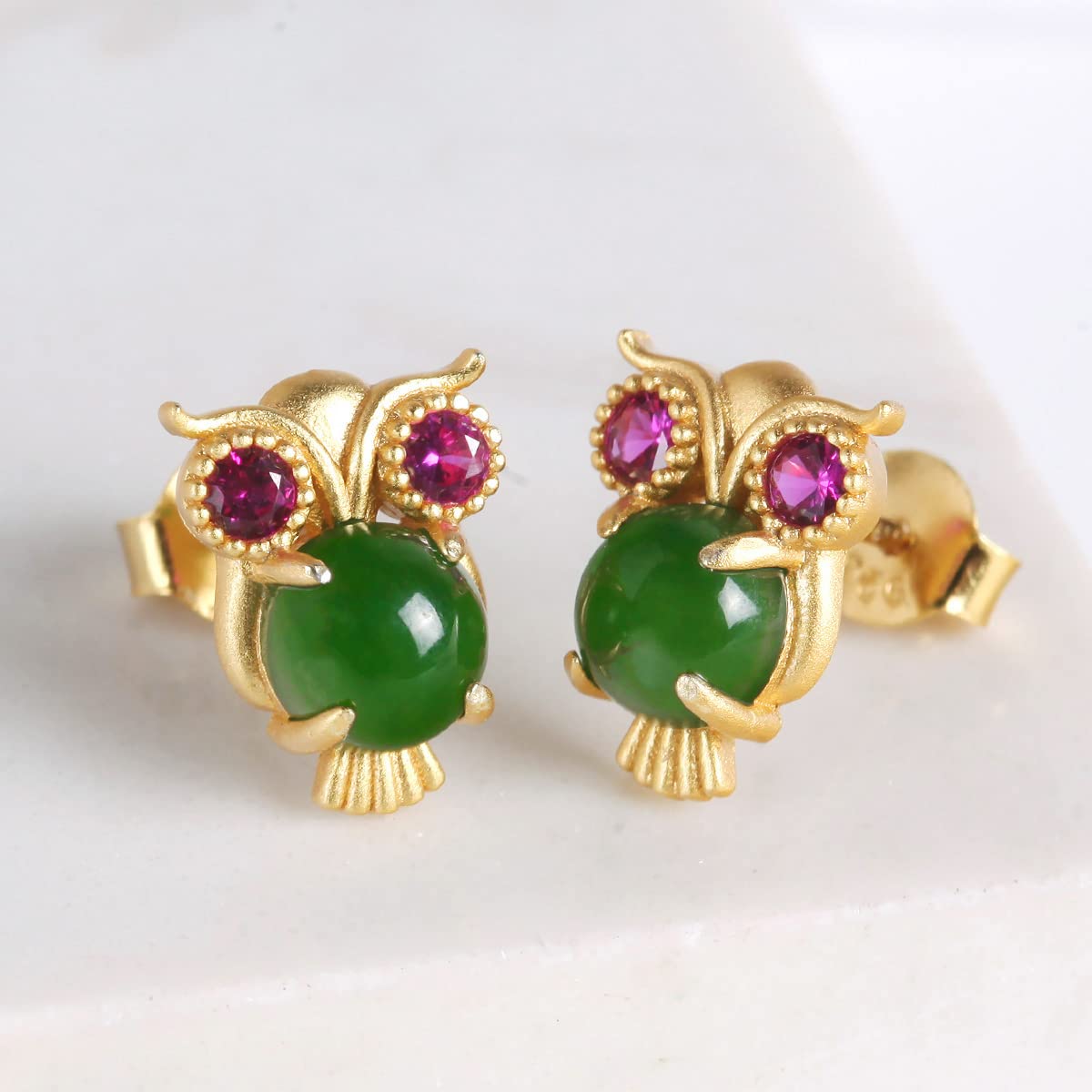 Guptue Natural green jade stud 925 sterling silver earrings for Women Owl real hetian jade critters 925 sterling silver earrings 18K gold plated Birthday Jewelry