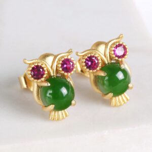 Guptue Natural green jade stud 925 sterling silver earrings for Women Owl real hetian jade critters 925 sterling silver earrings 18K gold plated Birthday Jewelry