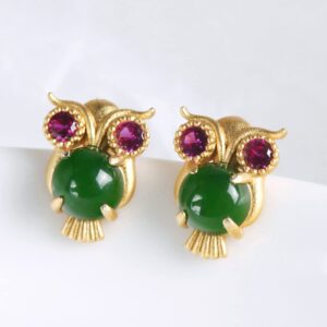 Guptue Natural green jade stud 925 sterling silver earrings for Women Owl real hetian jade critters 925 sterling silver earrings 18K gold plated Birthday Jewelry