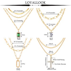 LOYALLOOK 9Pcs 14K Gold Plated Paperclip Herringbone Snake Figaro Chain Link Layered Choker Necklaces Paperclip Emerald Crystal Pendant Layering Necklace Cuban Link Rope Chain Cross Necklaces Gold Tone