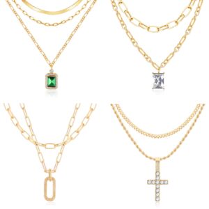 LOYALLOOK 9Pcs 14K Gold Plated Paperclip Herringbone Snake Figaro Chain Link Layered Choker Necklaces Paperclip Emerald Crystal Pendant Layering Necklace Cuban Link Rope Chain Cross Necklaces Gold Tone