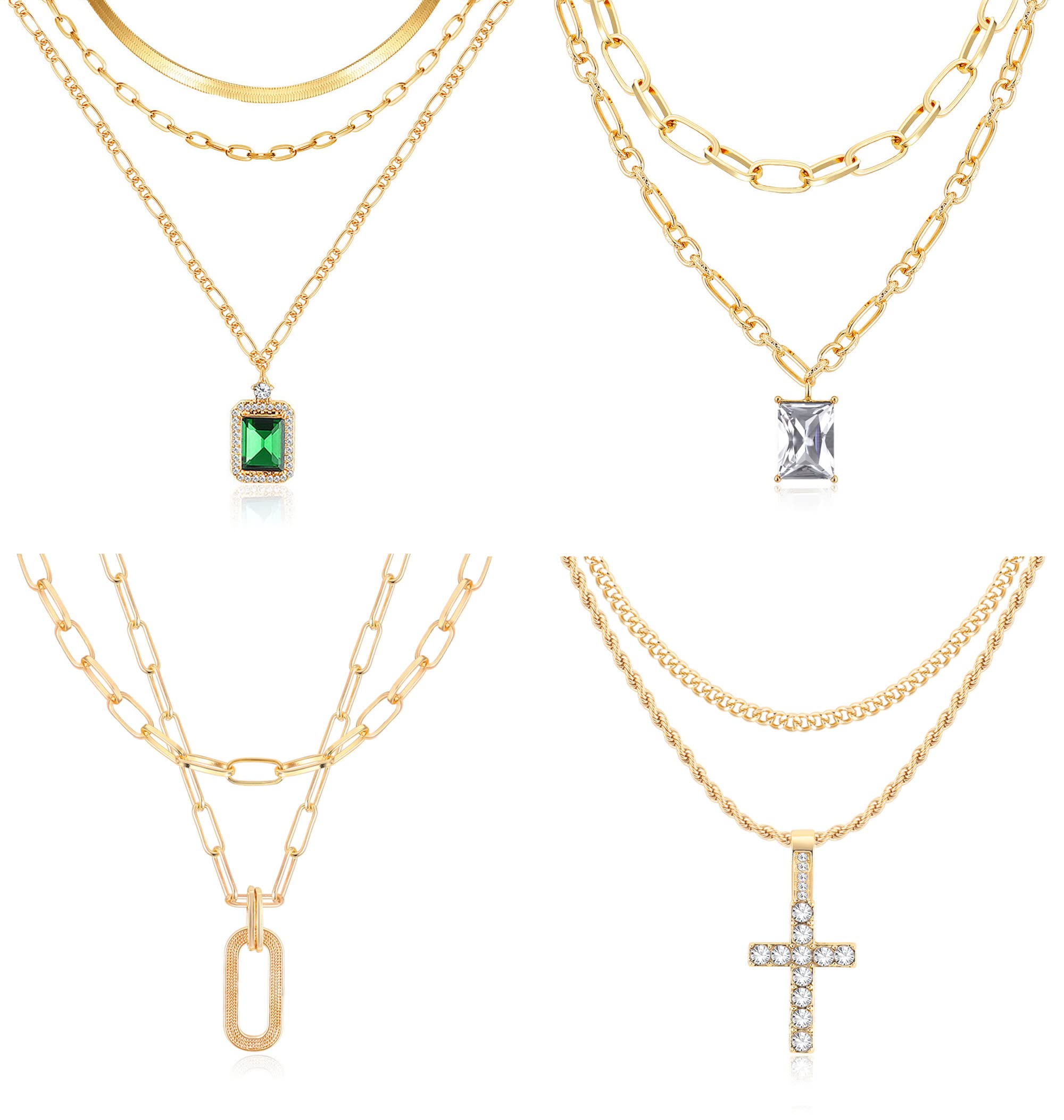 LOYALLOOK 9Pcs 14K Gold Plated Paperclip Herringbone Snake Figaro Chain Link Layered Choker Necklaces Paperclip Emerald Crystal Pendant Layering Necklace Cuban Link Rope Chain Cross Necklaces Gold Tone