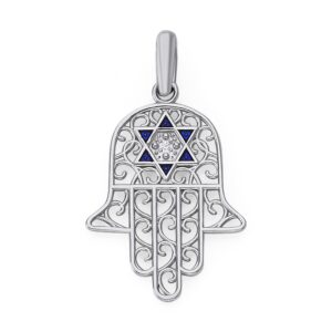 pome hamsa hand pendant necklace with cz stone in sterling silver, cubic zirconia necklace, blue enamel, made in america (pendant only)