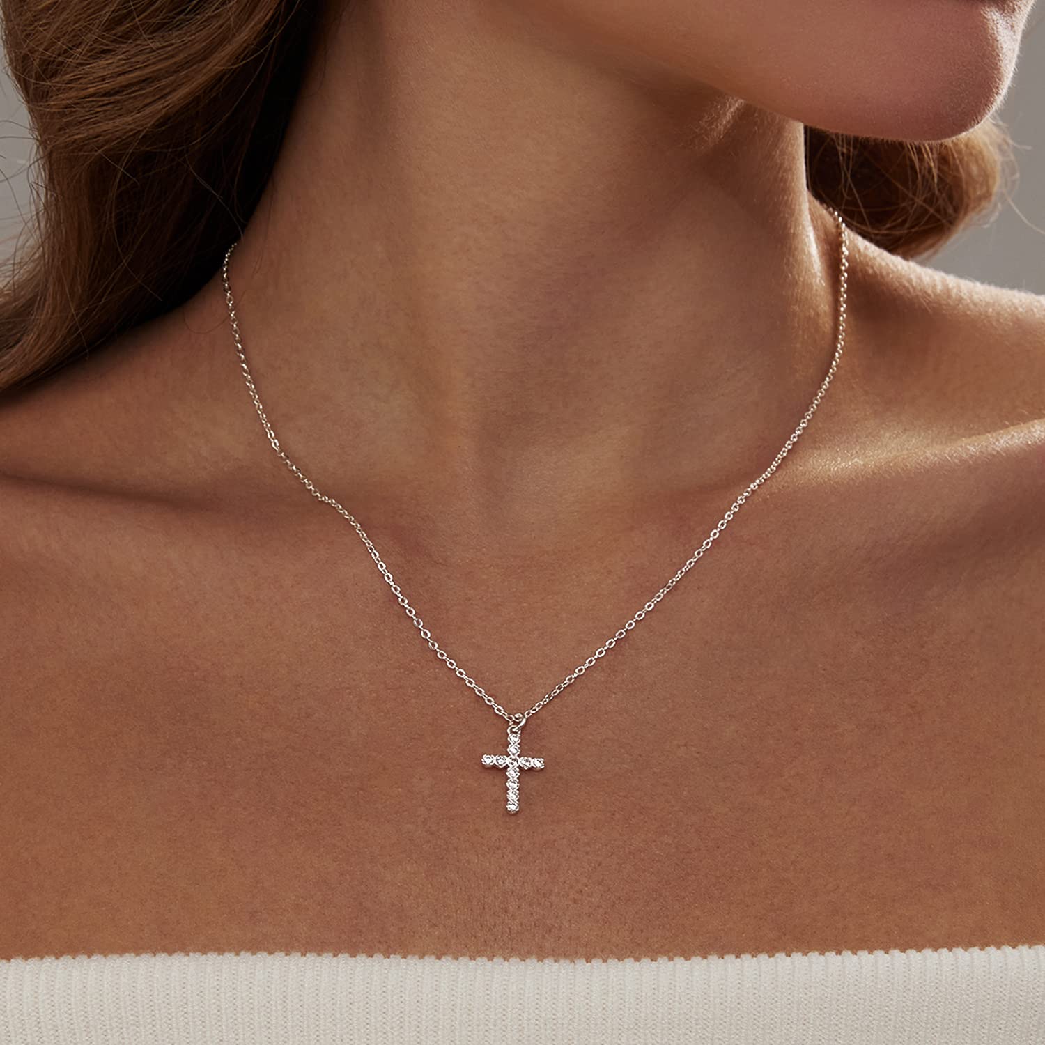 Zeffy CZ Cross Necklace for Women 18k Silver Plated Tiny Cross Pendant Necklace for Women Simple Layered Cross Necklaces for Women