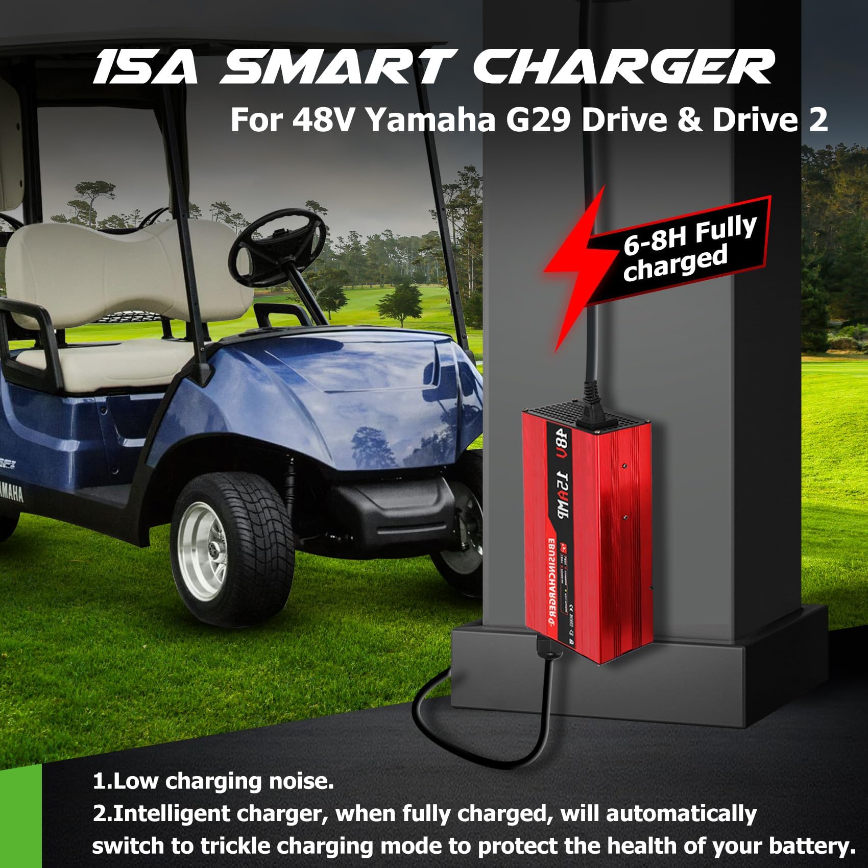 Upgraded 48V15A Golf Cart Battery Charger for Yamaha G29 Drive & Drive 2 Golf Carts.48v Golf Cart Charger- 3-pin Leaf Plug.15 Amp Smart Charger with Trickle Charge, 6-8 Hours Full Charge