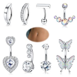 loyallook 8pcs clicker belly button ring for women surgical steel cz heart butterfly belly ring simple bar reverse curved navel rings belly barbell piercing jewelry 14g silver tone