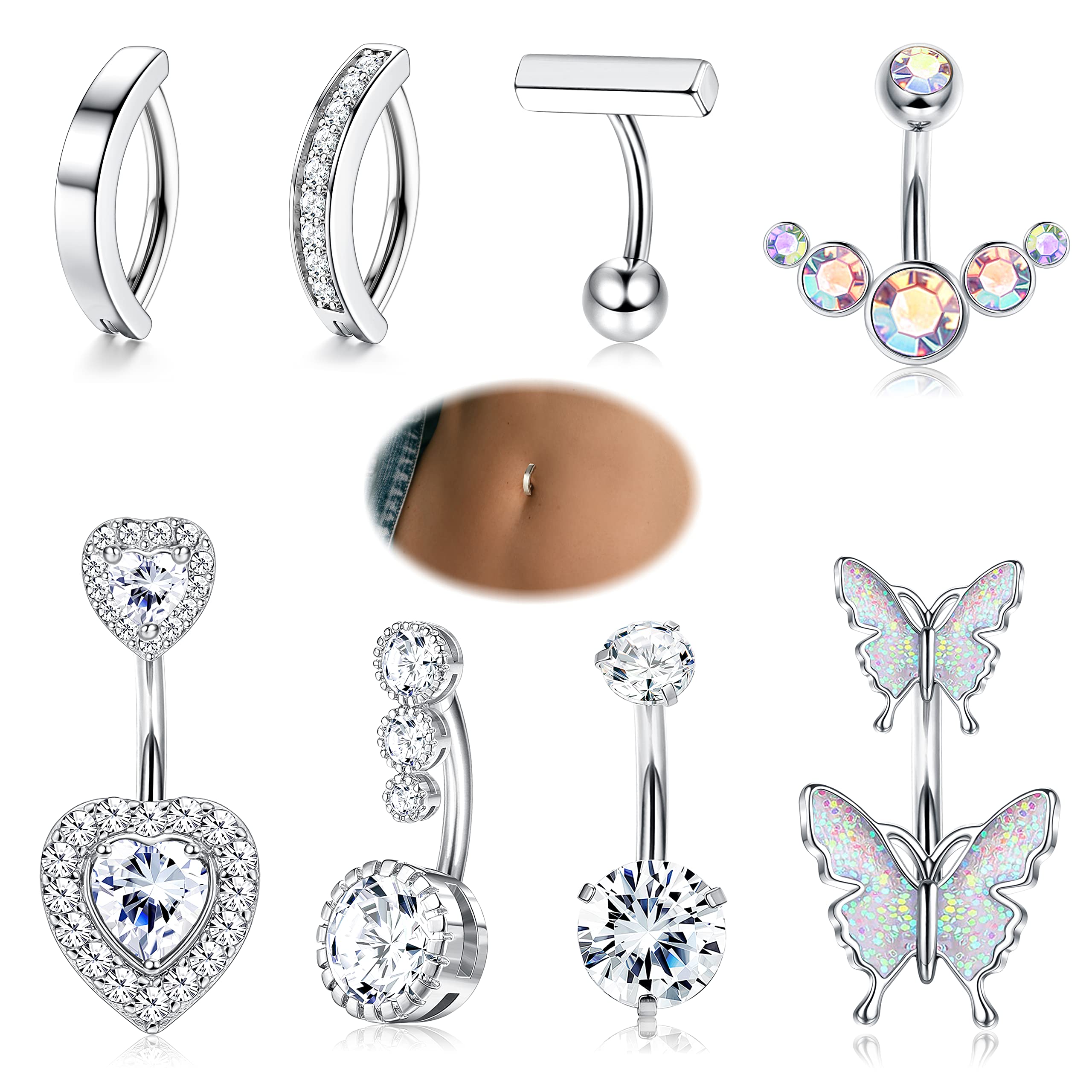 LOYALLOOK 8Pcs Clicker Belly Button Ring for Women Surgical Steel CZ Heart Butterfly Belly Ring Simple Bar Reverse Curved Navel Rings Belly Barbell Piercing Jewelry 14G Silver Tone