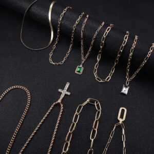 LOYALLOOK 9Pcs 14K Gold Plated Paperclip Herringbone Snake Figaro Chain Link Layered Choker Necklaces Paperclip Emerald Crystal Pendant Layering Necklace Cuban Link Rope Chain Cross Necklaces Gold Tone