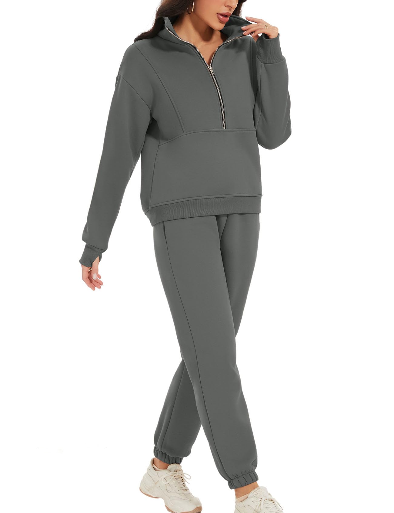 Flygo Womens Fleece 2 Piece Outfits Sweatsuit Half Zip Pullover Sweatshirt Joggers Pants Tracksuit Set (Darkgrey-M)