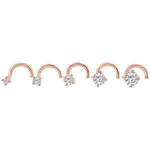 14K Solid Rose Gold, Twisted Bar Nose Stud, Diamond Nose Stud, Micro Nose, Screw Nose Stud, Body Jewelry Rose Gold (1.50 ml Cubic Zircon)