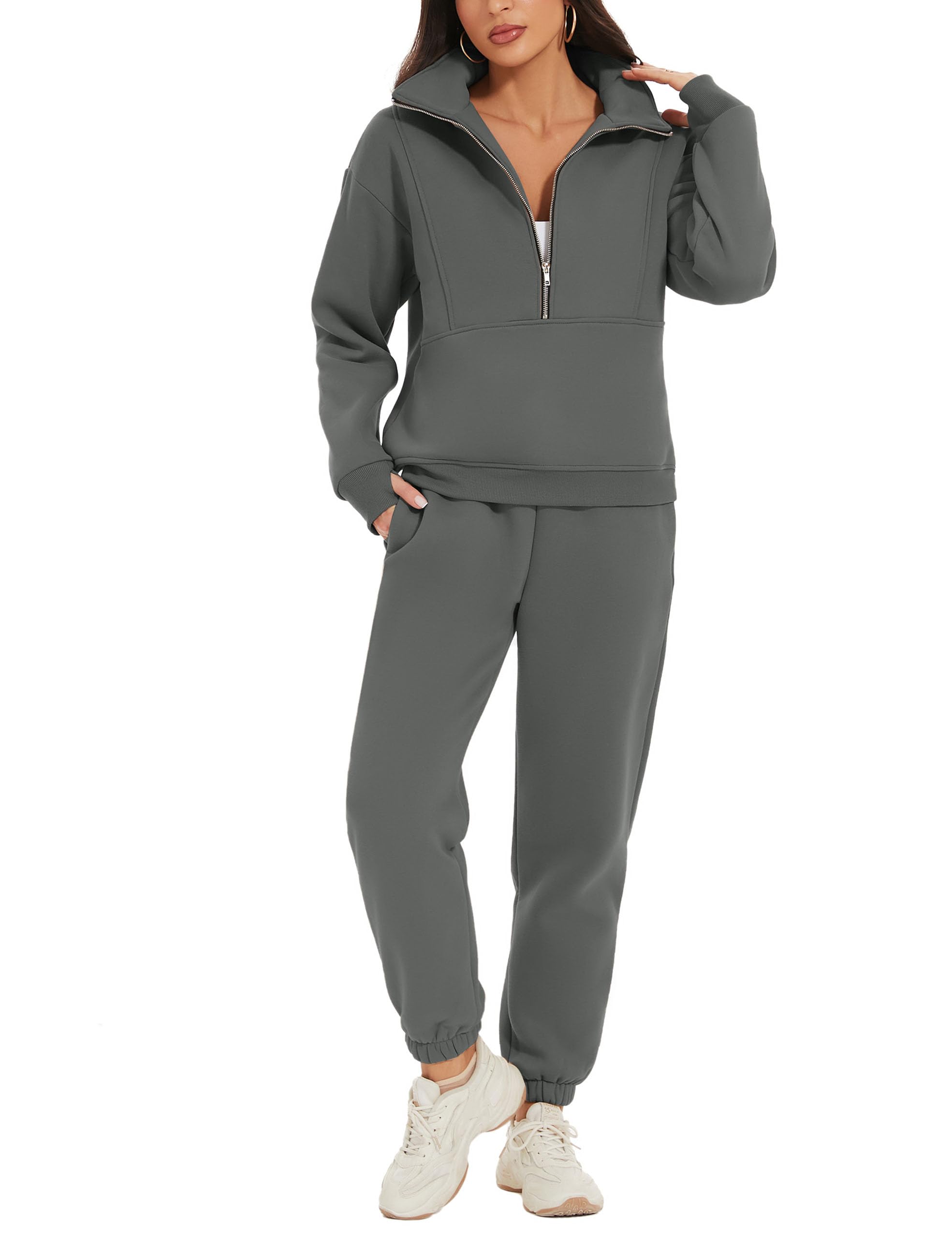 Flygo Womens Fleece 2 Piece Outfits Sweatsuit Half Zip Pullover Sweatshirt Joggers Pants Tracksuit Set (Darkgrey-M)