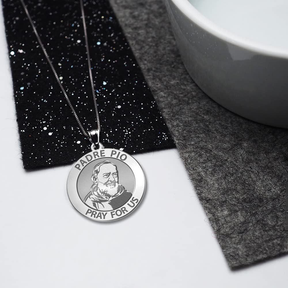 PicturesOnGold.com Padre Pio Religious Medal - 2/3 Inch Size of Dime, Sterling Silver with Engraving