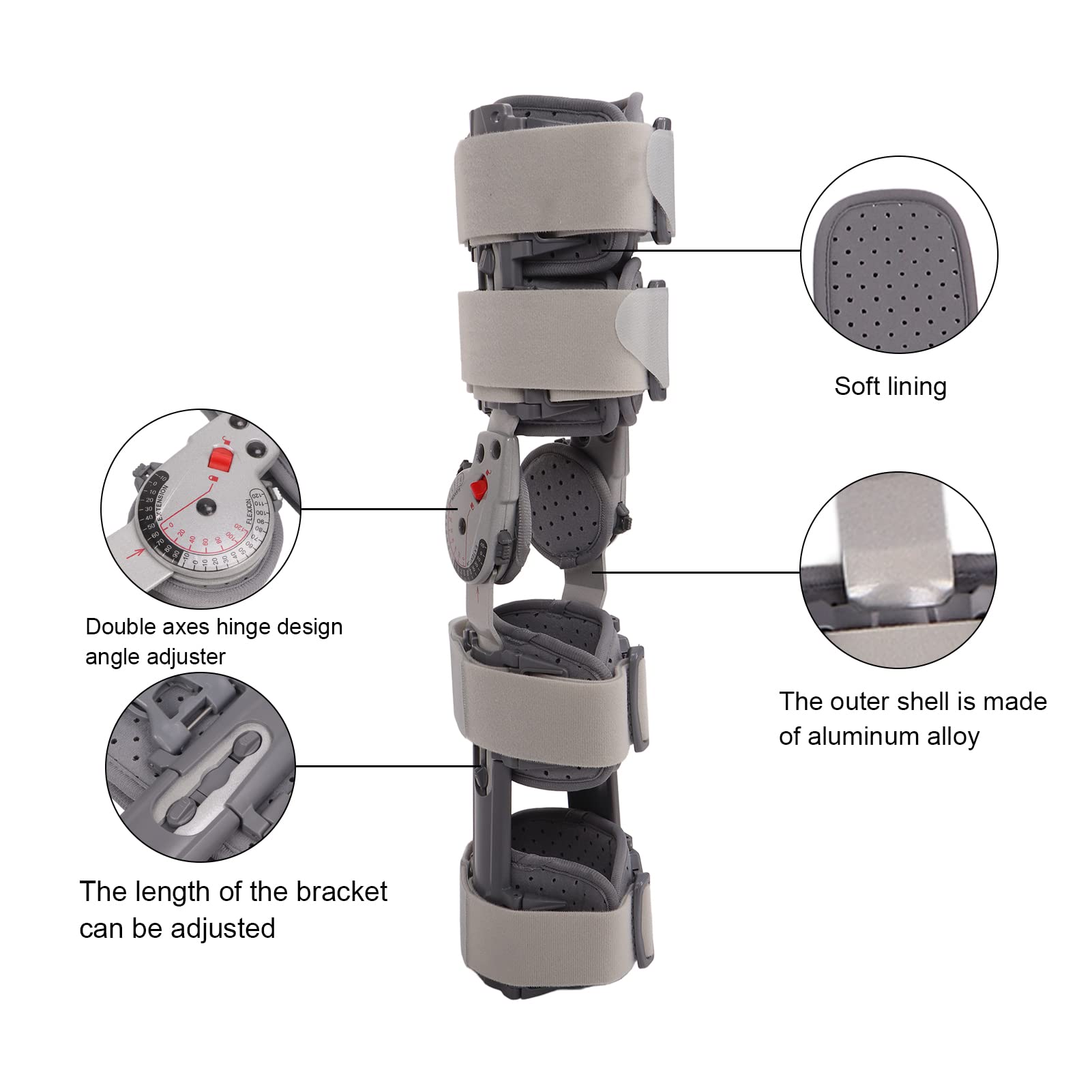 Hinged Knee Brace, Post Op Knee, Universal Knee Immobilizer Protector, Dual Side Limited Angle Disc, Limit Dual Hinge Design for ACL MCL PCL Injuries