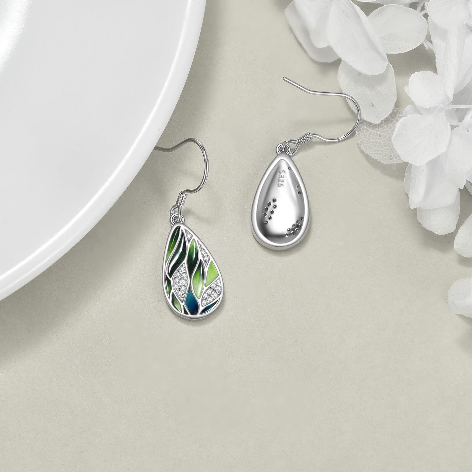 VONALA 925 Sterling Silver Green Earrings for Women Bamboo Leaf Earrings Dangle Enamel Earrings Green Leaf Jewelry Gifts for Her