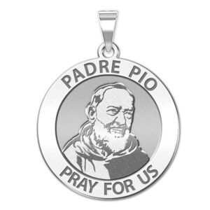 picturesongold.com padre pio religious medal - 2/3 inch size of dime, sterling silver with engraving