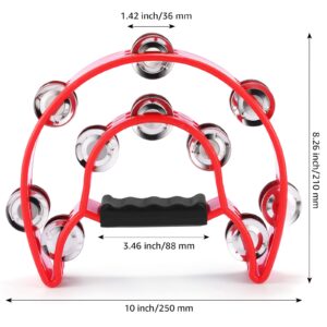 Double Row Tambourine, 2 Pack 10 inch Tambourine for Adult, Half Moon Musical Instrument with 20 Metal Jingles, Hand Held Drum Percussion for Kids, Party, Church, KTV, Red & Yellow