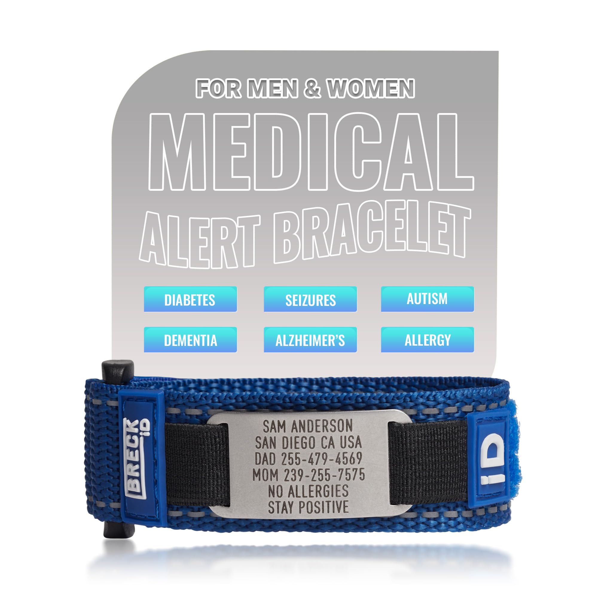 BRECK iD Personalized Medical Alert Bracelet for Women - Custom Engraved Emergency Medical ID Wristband - Diabetic, Autism, Seizure Alert, Life Alert - Nylon Sport Bracelet, Adjustable, Durable, Comfortable