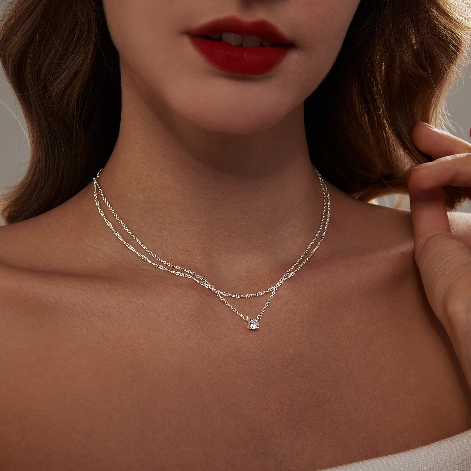 Zeffy Silver Necklace for Women Dainty Silver Layered Necklaces Silver Plated Diamond Necklaces Simple CZ Solitaire Pendant Necklace Cute Silver Chain Choker Necklaces for Women Trendy