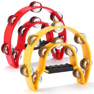 double row tambourine, 2 pack 10 inch tambourine for adult, half moon musical instrument with 20 metal jingles, hand held drum percussion for kids, party, church, ktv, red & yellow