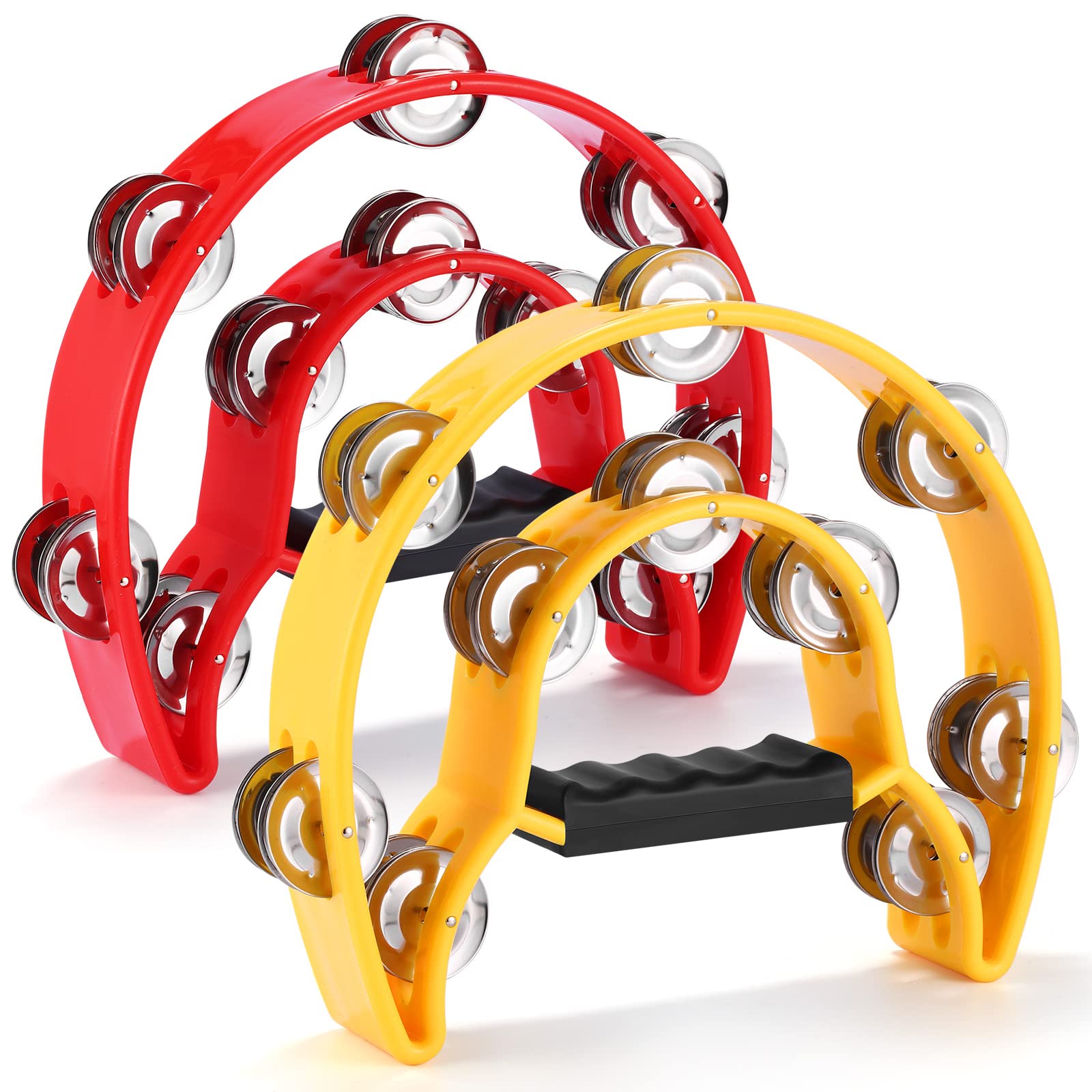 Double Row Tambourine, 2 Pack 10 inch Tambourine for Adult, Half Moon Musical Instrument with 20 Metal Jingles, Hand Held Drum Percussion for Kids, Party, Church, KTV, Red & Yellow