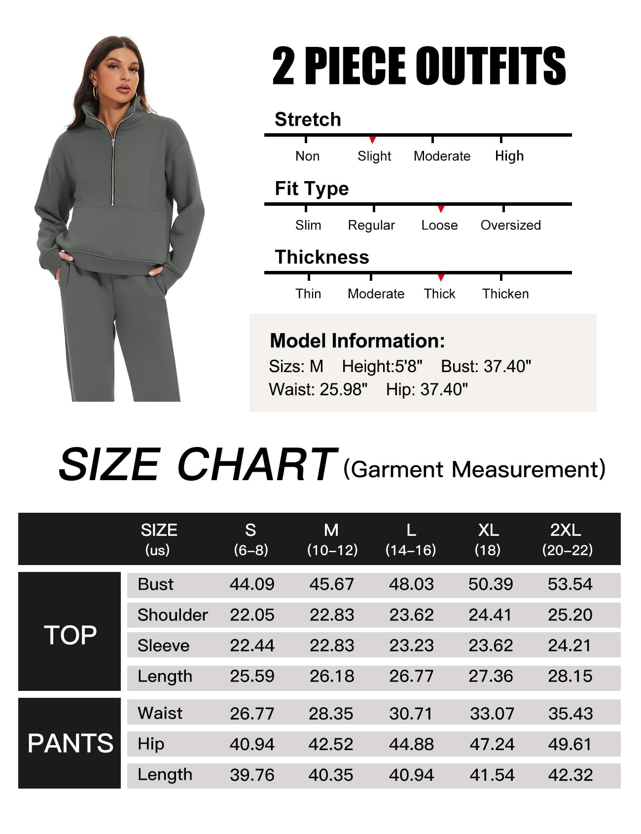 Flygo Womens Fleece 2 Piece Outfits Sweatsuit Half Zip Pullover Sweatshirt Joggers Pants Tracksuit Set (Darkgrey-M)