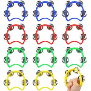 12 pack plastic percussion tambourine hand tambourine bells, mini percussion tambourines bulk hand held percussion drum musical rhythm instrument for adults kids party supplies(4 colors)