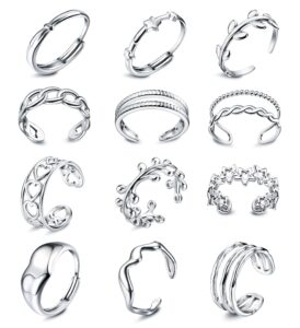 subiceto 12pcs stainless steel rings for women silver aesthetic jewelry rings adjustable open stackable rings trendy knuckle thumb finger rings size 6-9 indie rings star