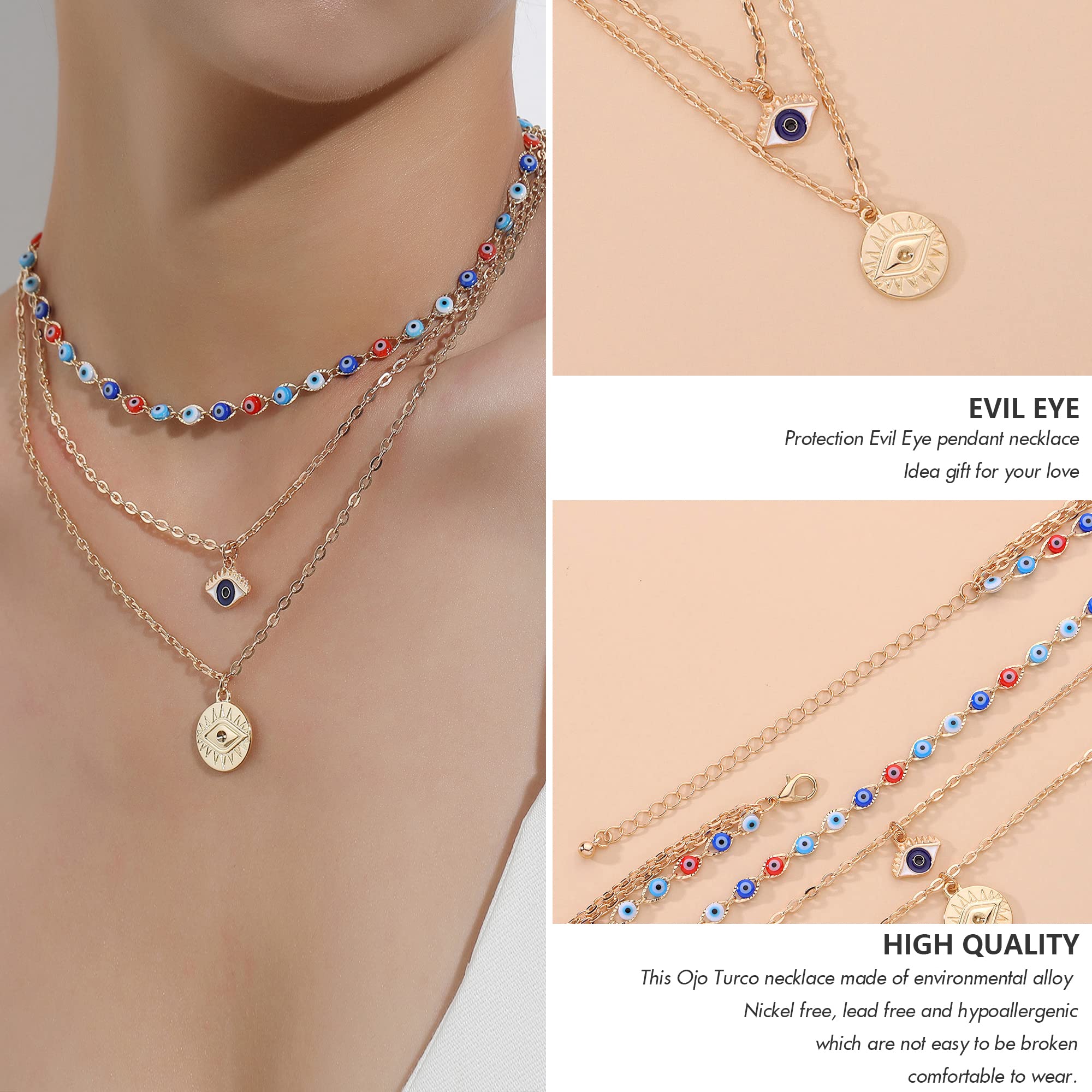 VIBILIA Layered Evil Eye Necklaces 18K Gold Plated Dainty Chocker Necklace Delicate Jewelry Gift for Women - Gold