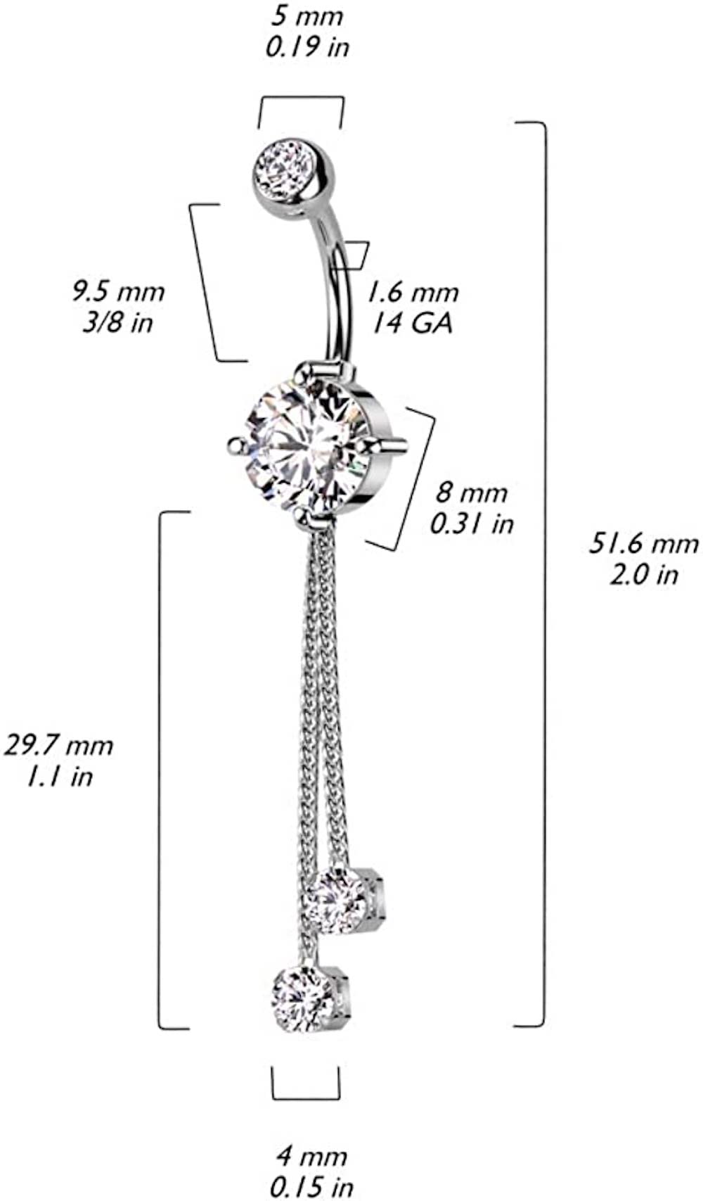 316L Surgical Steel Double Jeweled CZ With 2 Rope Chain Dangle Belly Button Ring (Gold)