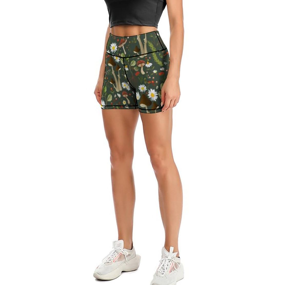 Green Flower Mushroom Daisy Camouflage Floral Women's High Waist Bike Shorts for Workout Sports Athletic Running Hiking Biker Yoga Gym XL Size