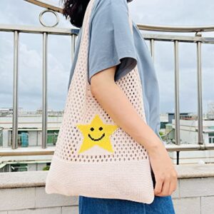 Women Y2K Hobo Bag Trendy Star Pattern Knitted Shoulder Bags Hollow Out Tote Bag Aesthetic Casual Beach Bag (Apricot)