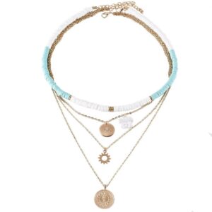 blue drop summer white heishi surfer choker layered necklace for women flower gold helios coin pendant pretty stylish floral jewelry gifts