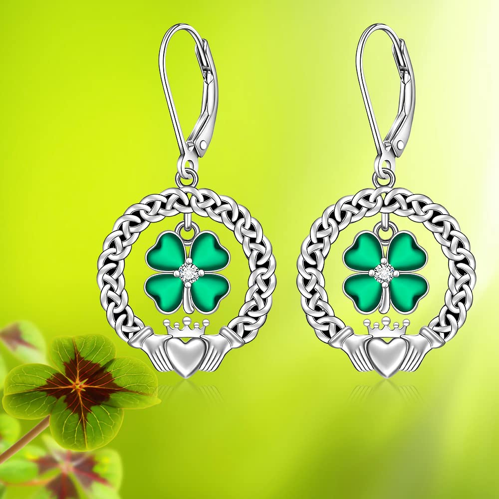 St Patricks Day Shamrock Earrings for Women Sterling Silver Four Leaf Clover Earrings Celtic Claddagh Irish Shamrock Dangle Green Lucky Jewelry Valentine Gifts