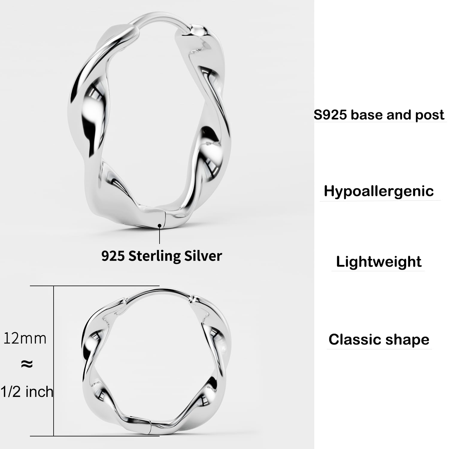 Earrings for Women Sterling Silver Hoop Earrings Small Hoop Earrings for Women Huggie Earrings White Gold Plated Cartilage Ear Cuff for Women 12mm-