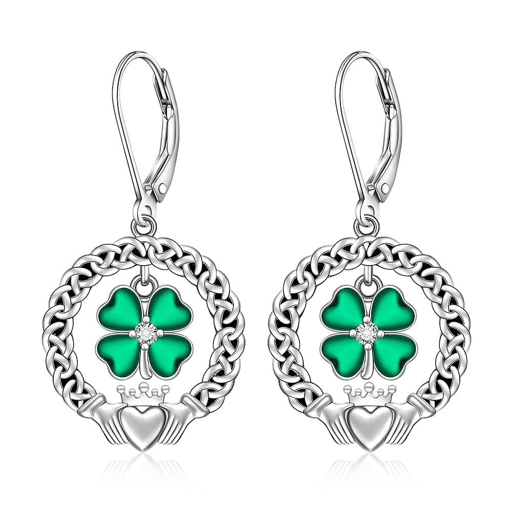 St Patricks Day Shamrock Earrings for Women Sterling Silver Four Leaf Clover Earrings Celtic Claddagh Irish Shamrock Dangle Green Lucky Jewelry Valentine Gifts