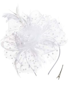 fascinators for women tea party headband kentucky derby hats cocktail flower mesh feathers headwear hair clip for wedding white