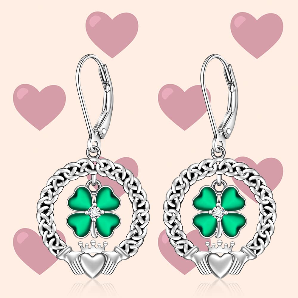 St Patricks Day Shamrock Earrings for Women Sterling Silver Four Leaf Clover Earrings Celtic Claddagh Irish Shamrock Dangle Green Lucky Jewelry Valentine Gifts