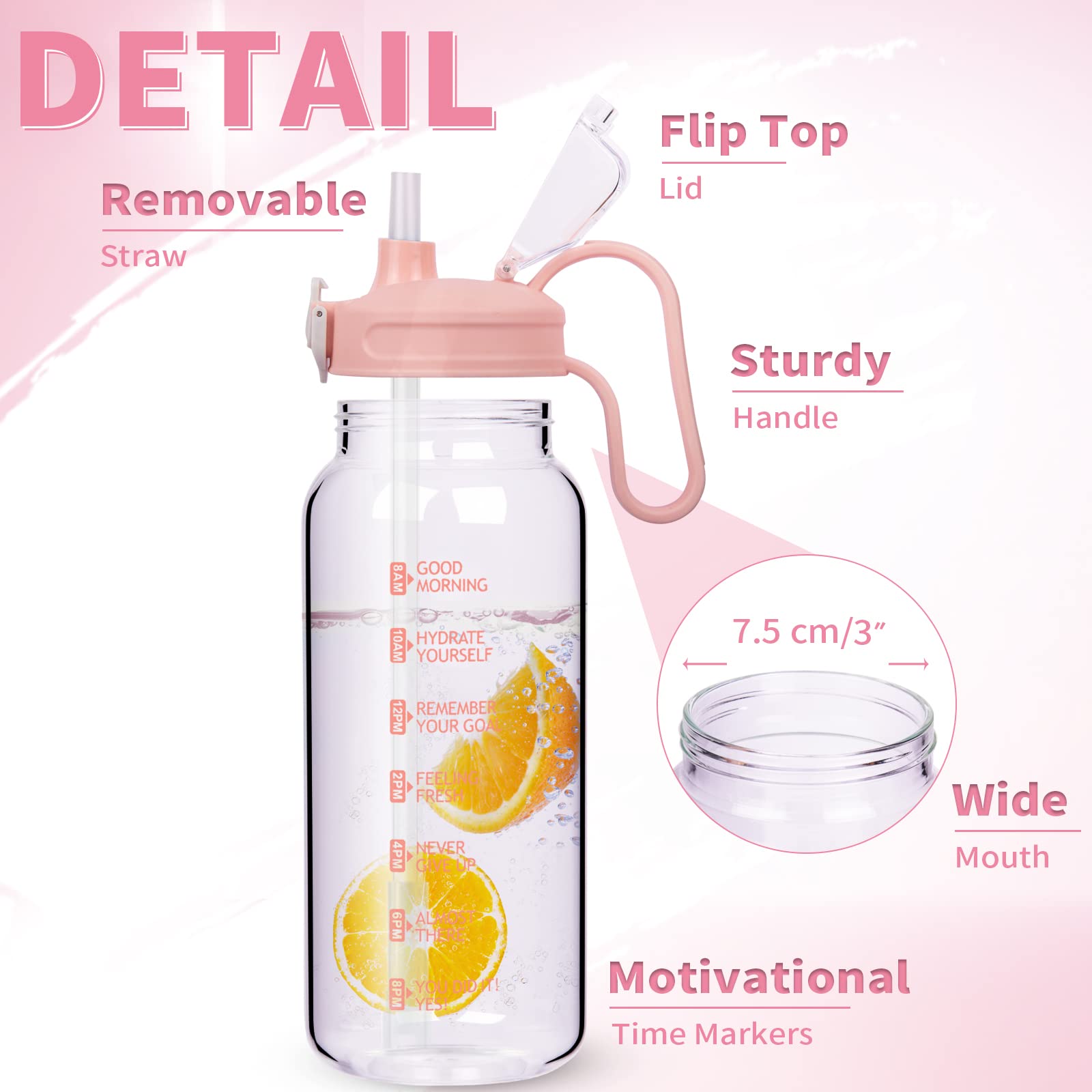 64 oz Motivational Glass Water Bottle with Straw & Time Marker Half Gallon Large Reusable Water Jug BPA-free Borosilicate Drinking Bottle with Flip Top & Sleeve for Infused Water Wide Mouth