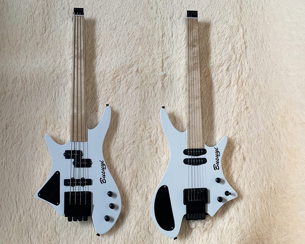 4 String Bass/ 6 String Lead Fretless Headless Tremolo Busuyi Guitar Right (White)