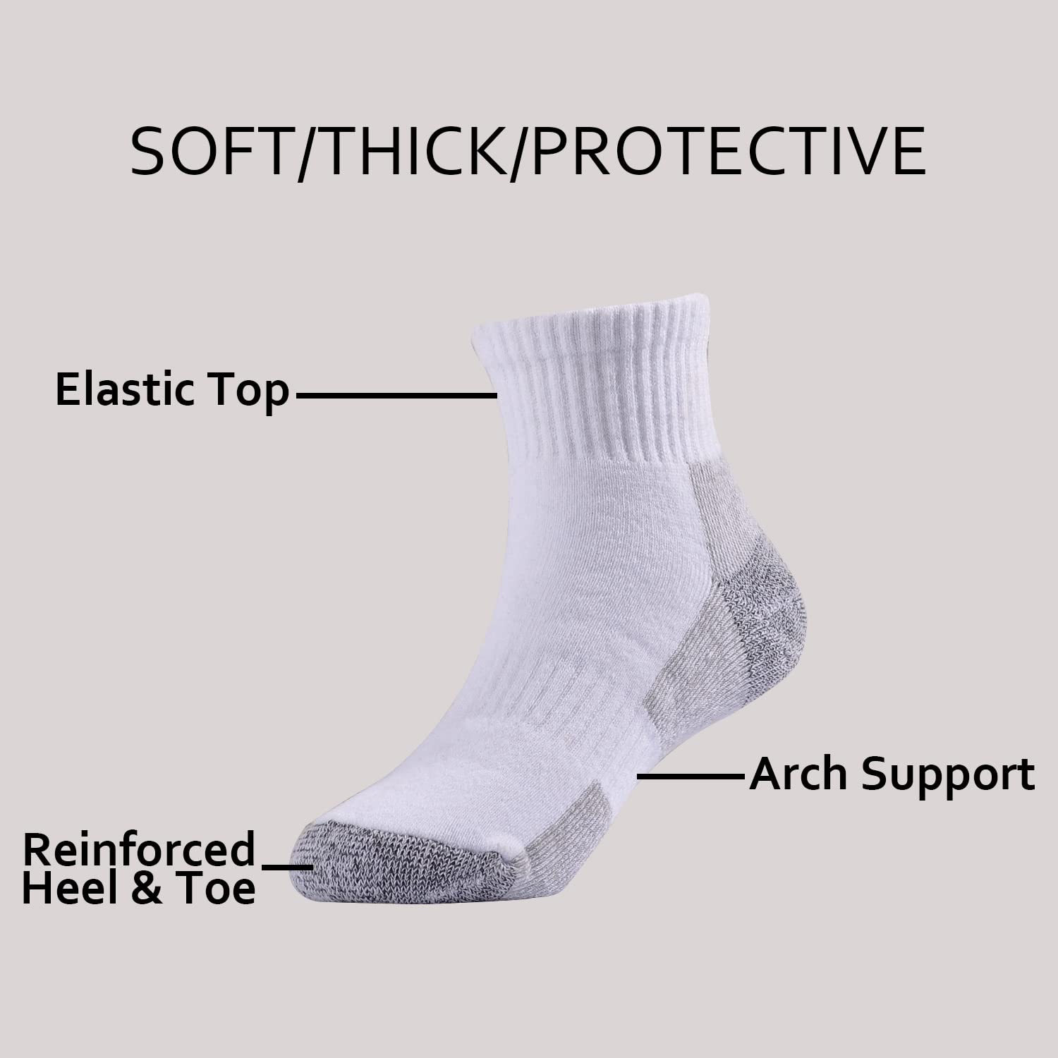 EPEIUS Kids Boys/Girls' Cushioned Socks Thick Cotton Athletic Running Socks Ankle Sports 6 Pack 7-10 Years,White(Grey Sole)