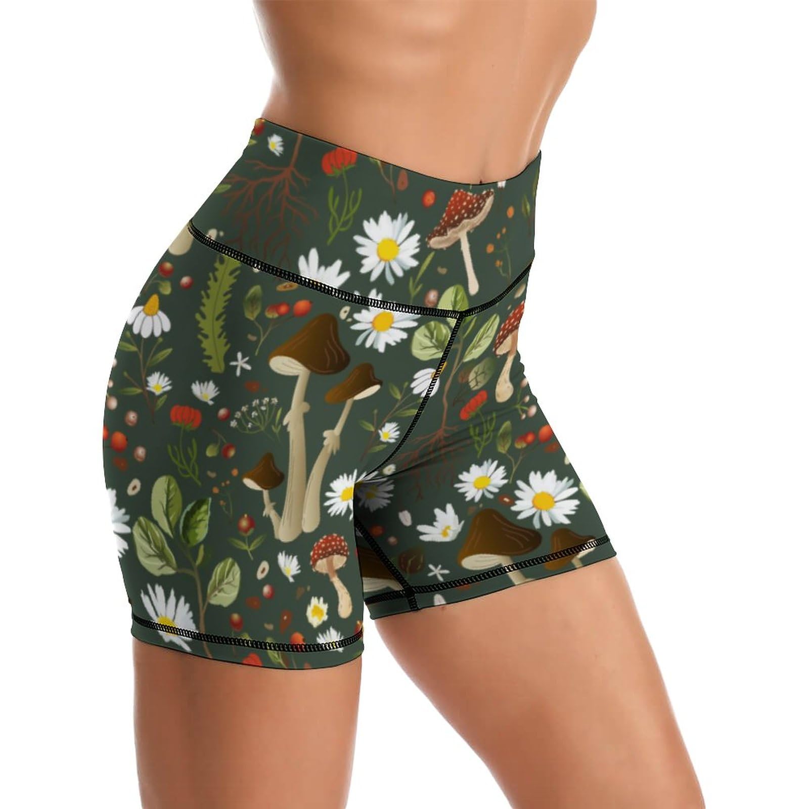 Green Flower Mushroom Daisy Camouflage Floral Women's High Waist Bike Shorts for Workout Sports Athletic Running Hiking Biker Yoga Gym XL Size