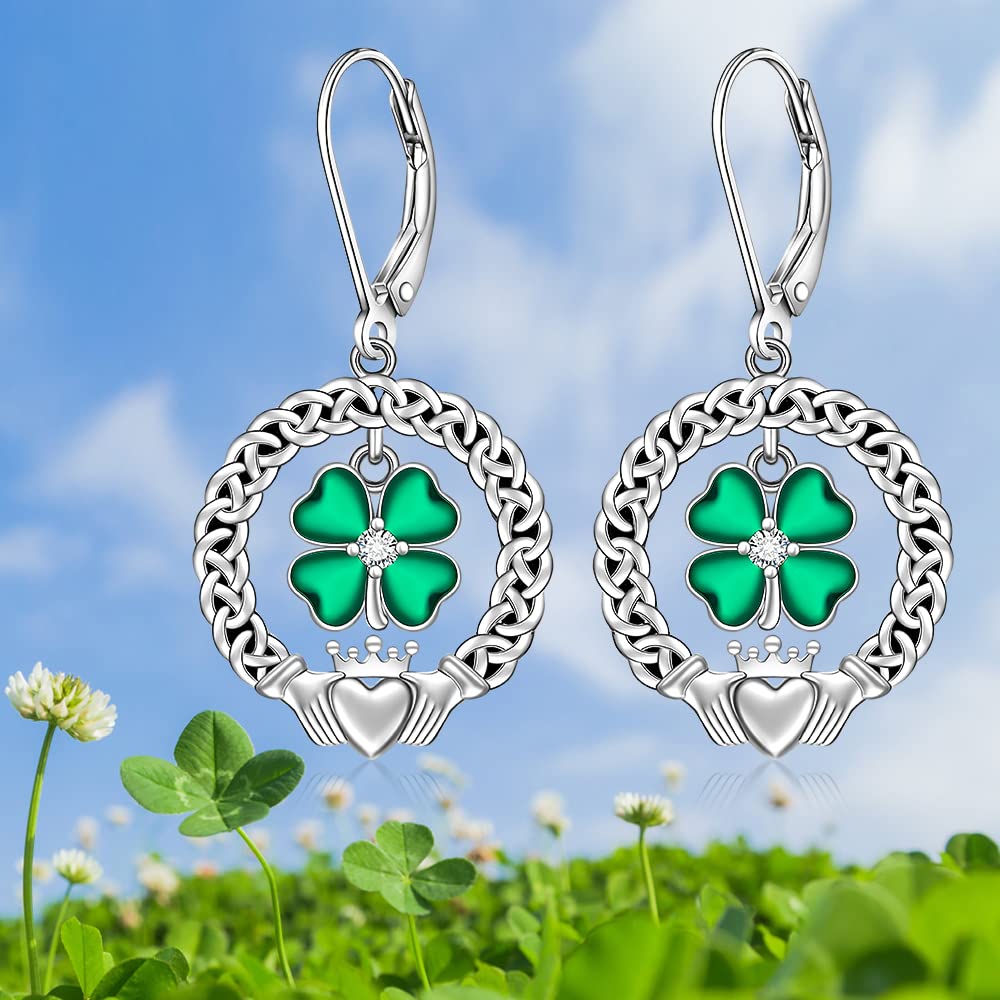 St Patricks Day Shamrock Earrings for Women Sterling Silver Four Leaf Clover Earrings Celtic Claddagh Irish Shamrock Dangle Green Lucky Jewelry Valentine Gifts