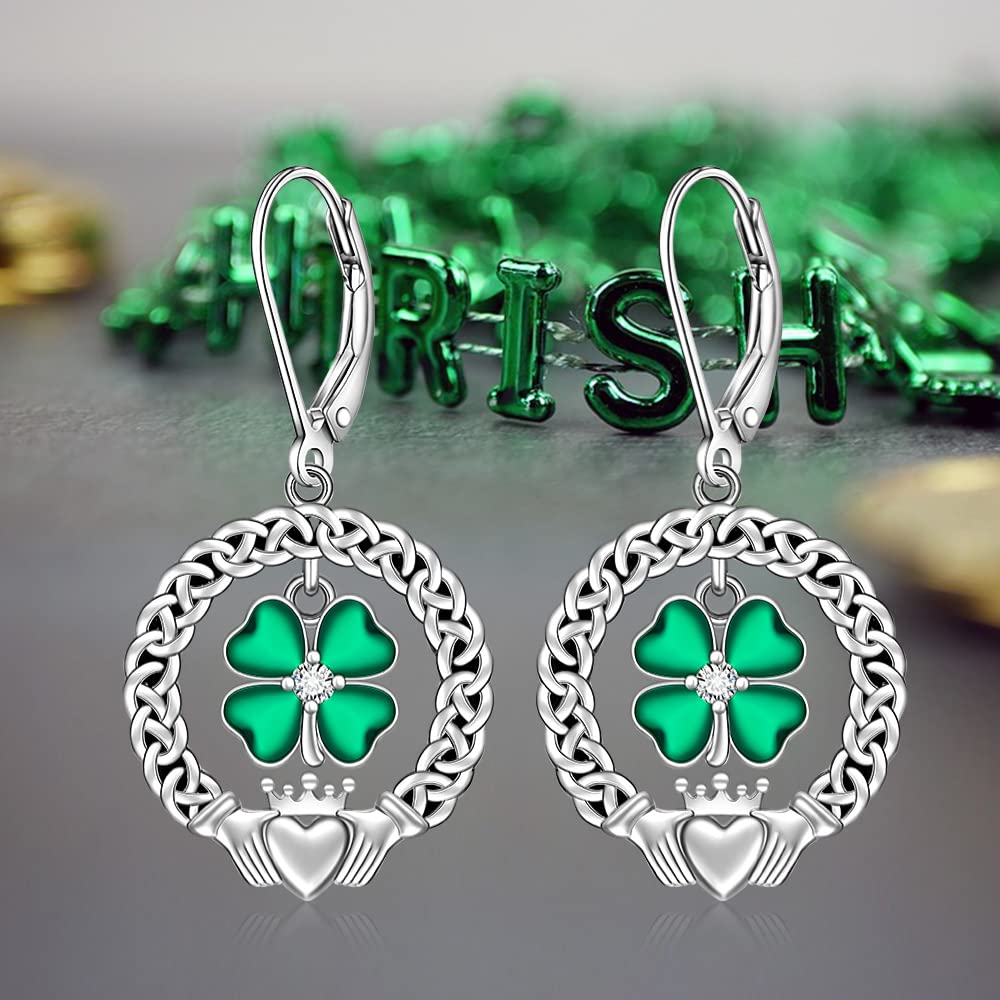 St Patricks Day Shamrock Earrings for Women Sterling Silver Four Leaf Clover Earrings Celtic Claddagh Irish Shamrock Dangle Green Lucky Jewelry Valentine Gifts