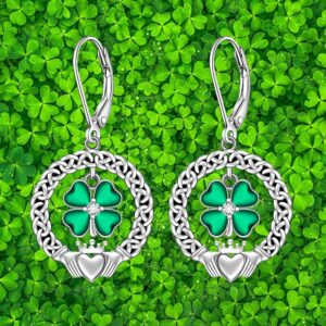 St Patricks Day Shamrock Earrings for Women Sterling Silver Four Leaf Clover Earrings Celtic Claddagh Irish Shamrock Dangle Green Lucky Jewelry Valentine Gifts