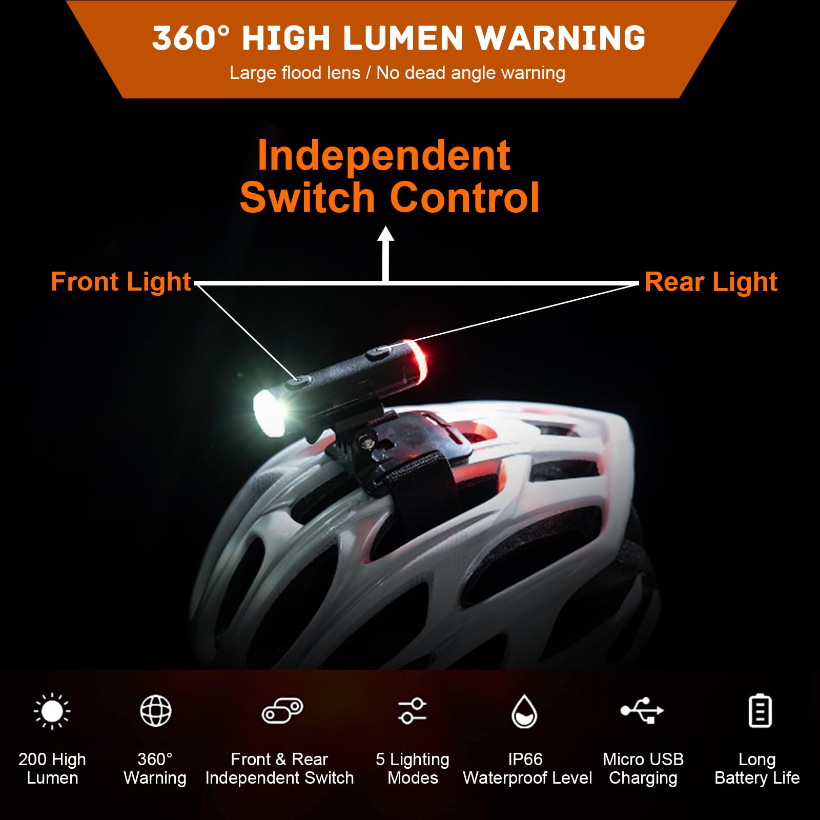 Semaho 2in1 Rechargeable Helmet Light with Bracket Mount Night Bike Light Riding Safety 5 Warning Light Modes IP66 Waterproof Bicycle Light, 360° Rotatable Front Rear Lights, Mountain Bike Headlight