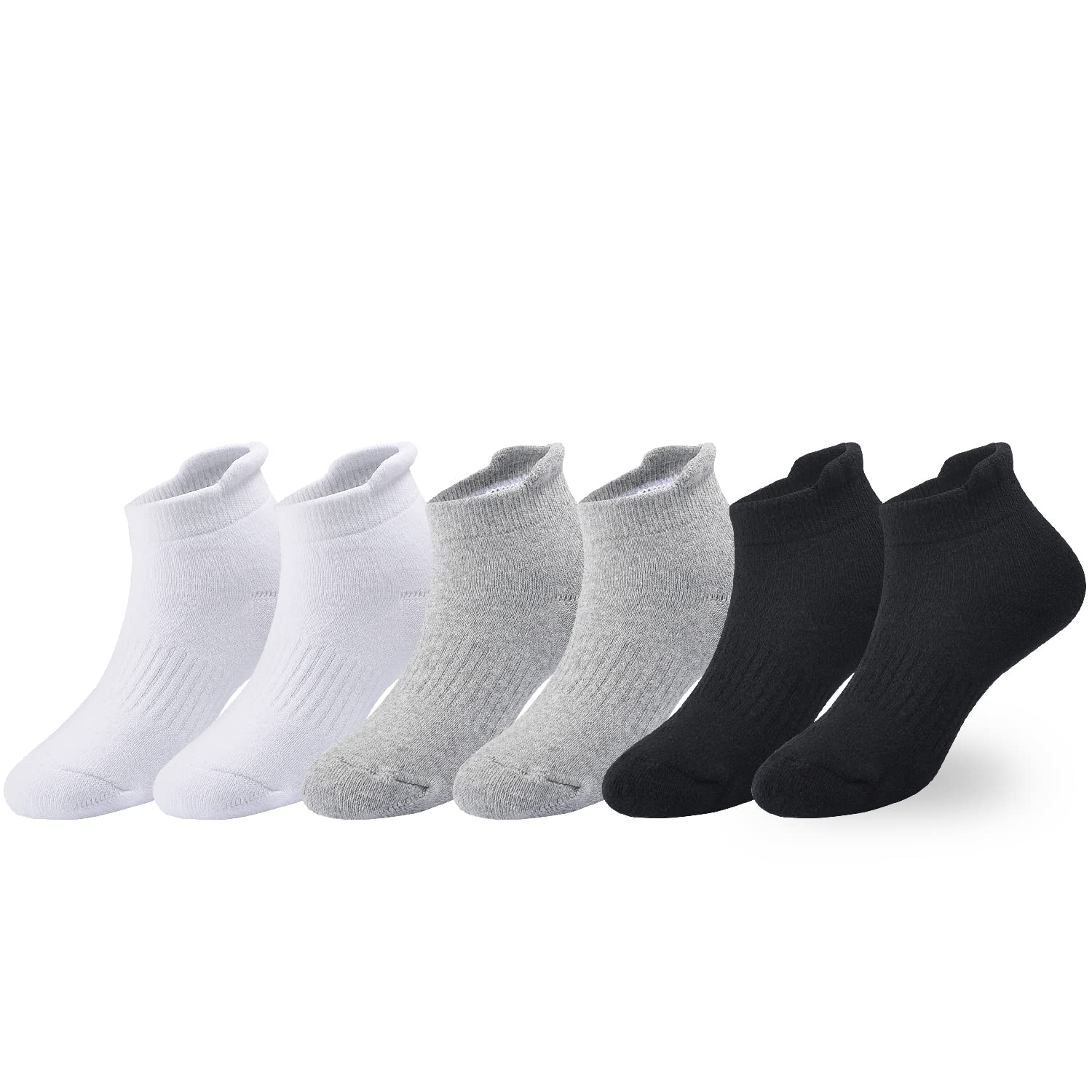 EPEIUS Kids Cushioned Socks Low Cut/Ankle Running Socks Thick Cotton Athletic Sports Socks for Boys Girls 6 Pack 7-10 Years,Black White Light Grey